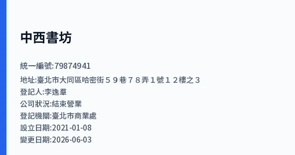 中西書坊的照片-統編 79874941(臺北市) 公司登記資料與營業項目詳細圖表