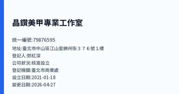 晶鑽美甲專業工作室的照片-統編 79876595(臺北市) 公司登記資料與營業項目詳細圖表