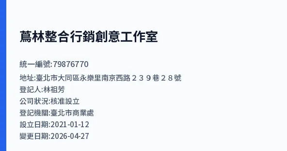 蔦林整合行銷創意工作室的照片-統編 79876770(臺北市) 公司登記資料與營業項目詳細圖表