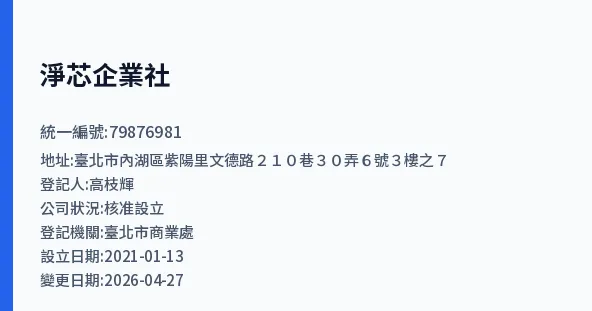 淨芯企業社的照片-統編 79876981(臺北市) 公司登記資料與營業項目詳細圖表
