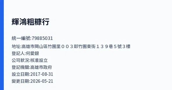 輝鴻粗糠行的照片-統編 79885031(高雄市) 公司登記資料與營業項目詳細圖表