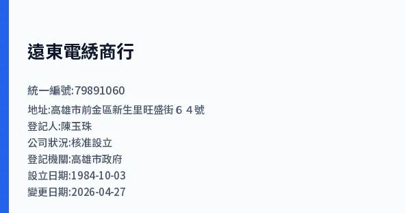 遠東電綉商行的照片-統編 79891060(高雄市) 公司登記資料與營業項目詳細圖表