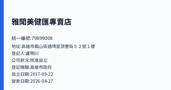 雅聞美健匯專賣店的照片-統編 79899008(高雄市) 公司登記資料與營業項目詳細圖表