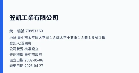 笠凱工業有限公司的照片-統編 79953369(臺中市) 公司登記資料與營業項目詳細圖表