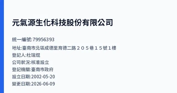 元氣源生化科技股份有限公司的照片-統編 79956393(臺南市) 公司登記資料與營業項目詳細圖表