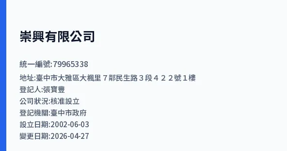 崇興有限公司的照片-統編 79965338(臺中市) 公司登記資料與營業項目詳細圖表