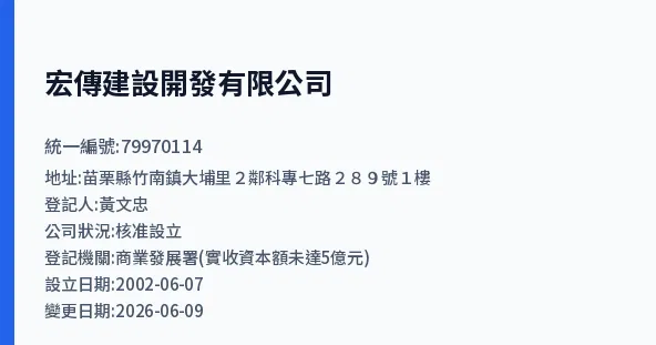 宏傳建設開發有限公司的照片-統編 79970114(苗栗縣) 公司登記資料與營業項目詳細圖表