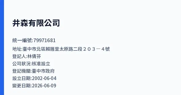 井森有限公司的照片-統編 79971681(臺中市) 公司登記資料與營業項目詳細圖表