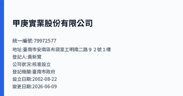 甲庚實業股份有限公司的照片-統編 79972577(臺南市) 公司登記資料與營業項目詳細圖表