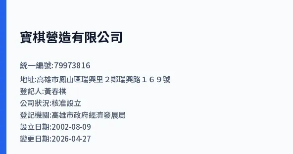 寶棋營造有限公司的照片-統編 79973816(高雄市) 公司登記資料與營業項目詳細圖表