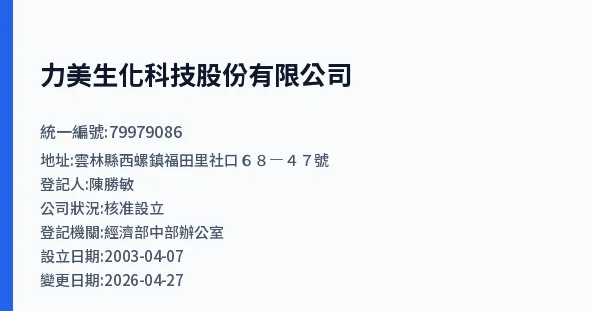 力美生化科技股份有限公司的照片-統編 79979086(雲林縣) 公司登記資料與營業項目詳細圖表