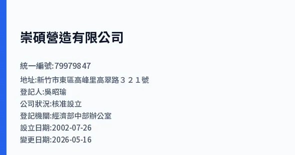 崇碩營造有限公司的照片-統編 79979847(新竹市) 公司登記資料與營業項目詳細圖表