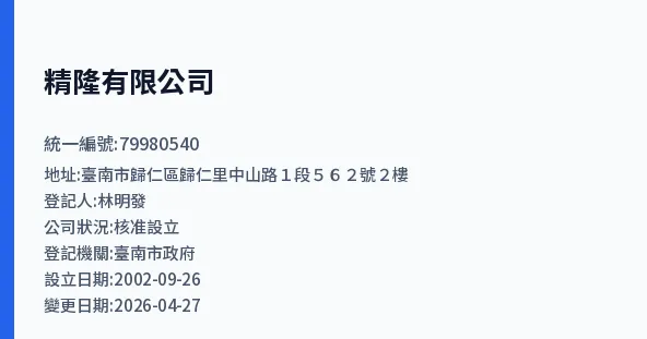 精隆有限公司的照片-統編 79980540(臺南市) 公司登記資料與營業項目詳細圖表