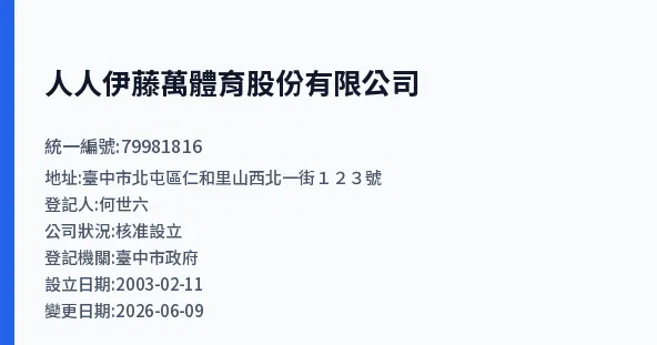 人人伊藤萬體育股份有限公司的照片-統編 79981816(臺中市) 公司登記資料與營業項目詳細圖表