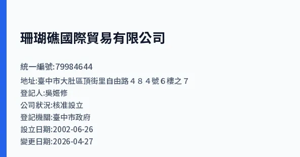 珊瑚礁國際貿易有限公司的照片-統編 79984644(臺中市) 公司登記資料與營業項目詳細圖表