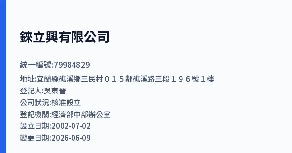 錸立興有限公司的照片-統編 79984829(宜蘭縣) 公司登記資料與營業項目詳細圖表