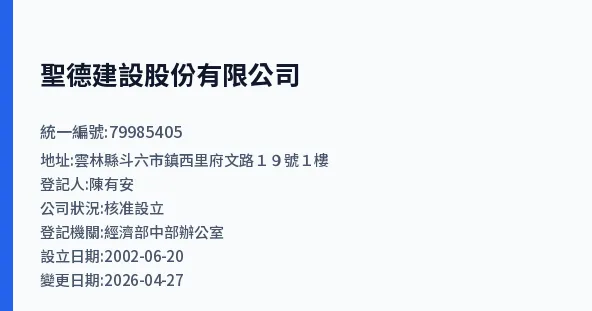 聖德建設股份有限公司的照片-統編 79985405(雲林縣) 公司登記資料與營業項目詳細圖表