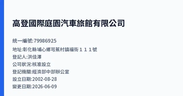 高登國際庭園汽車旅館有限公司的照片-統編 79986925(彰化縣) 公司登記資料與營業項目詳細圖表