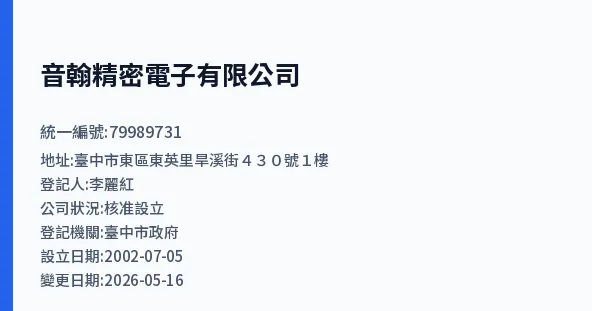 音翰精密電子有限公司的照片-統編 79989731(臺中市) 公司登記資料與營業項目詳細圖表