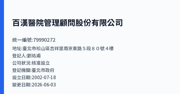 百漢醫院管理顧問股份有限公司的照片-統編 79990272(臺北市) 公司登記資料與營業項目詳細圖表