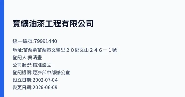 寶纊油漆工程有限公司的照片-統編 79991440(苗栗縣) 公司登記資料與營業項目詳細圖表