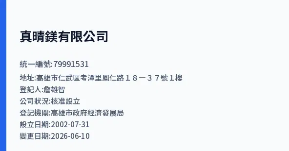 真晴鎂有限公司的照片-統編 79991531(高雄市) 公司登記資料與營業項目詳細圖表