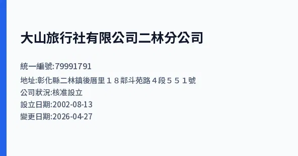 大山旅行社有限公司二林分公司的照片-統編 79991791(彰化縣) 公司登記資料與營業項目詳細圖表