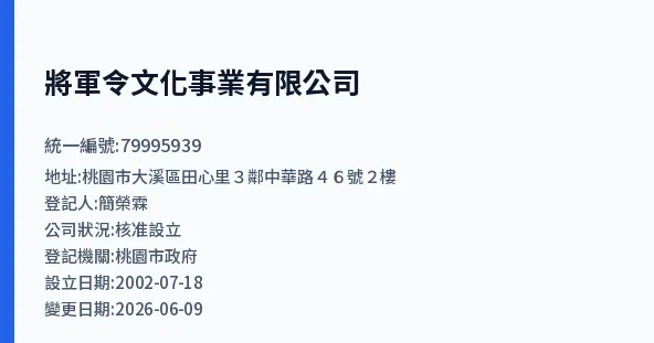 將軍令文化事業有限公司的照片-統編 79995939(桃園市) 公司登記資料與營業項目詳細圖表