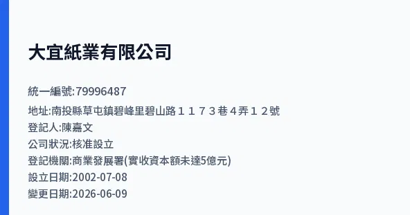 大宜紙業有限公司的照片-統編 79996487(南投縣) 公司登記資料與營業項目詳細圖表