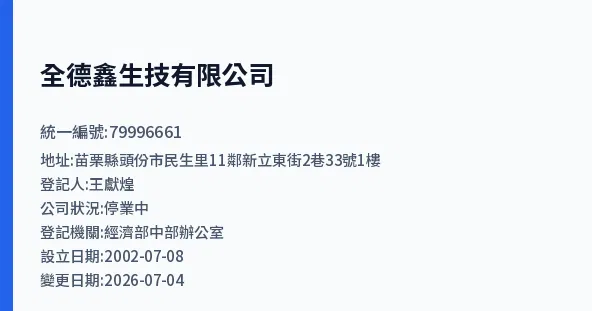全德鑫生技有限公司的照片-統編 79996661(苗栗縣) 公司登記資料與營業項目詳細圖表