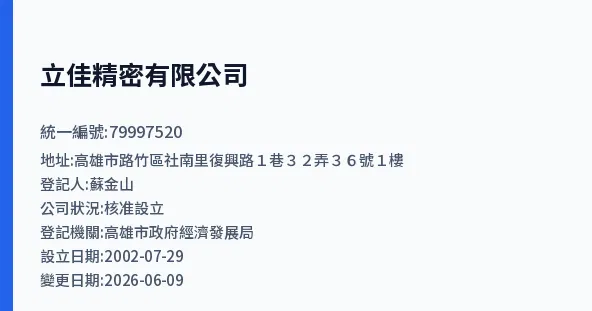 立佳精密有限公司的照片-統編 79997520(高雄市) 公司登記資料與營業項目詳細圖表
