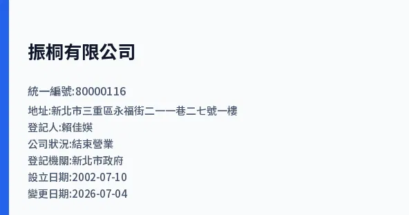 振桐有限公司的照片-統編 80000116(新北市) 公司登記資料與營業項目詳細圖表