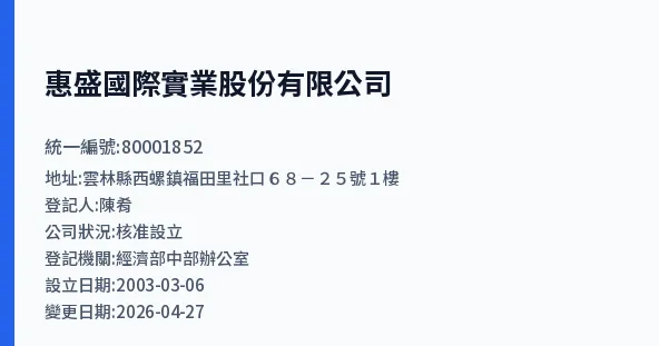 惠盛國際實業股份有限公司的照片-統編 80001852(雲林縣) 公司登記資料與營業項目詳細圖表