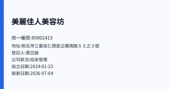 美麗佳人美容坊的照片-統編 80002413(新北市) 公司登記資料與營業項目詳細圖表