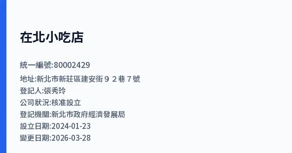 在北小吃店的照片-統編 80002429(新北市) 公司登記資料與營業項目詳細圖表
