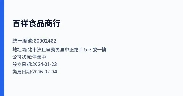 百祥食品商行的照片-統編 80002482(新北市) 公司登記資料與營業項目詳細圖表