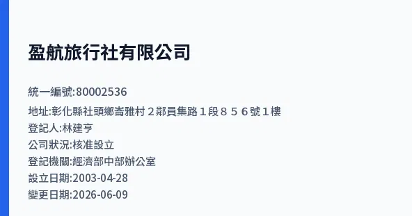 盈航旅行社有限公司的照片-統編 80002536(彰化縣) 公司登記資料與營業項目詳細圖表