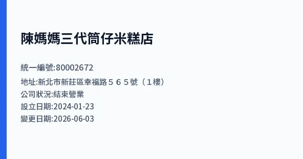 陳媽媽三代筒仔米糕店的照片-統編 80002672(新北市) 公司登記資料與營業項目詳細圖表