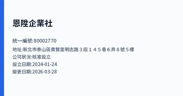 恩陞企業社的照片-統編 80002770(新北市) 公司登記資料與營業項目詳細圖表