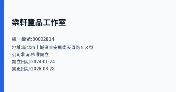 樂軒童品工作室的照片-統編 80002814(新北市) 公司登記資料與營業項目詳細圖表