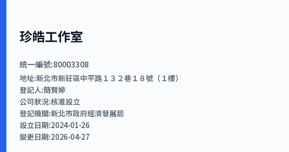 珍皓工作室的照片-統編 80003308(新北市) 公司登記資料與營業項目詳細圖表