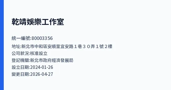 乾靖娛樂工作室的照片-統編 80003356(新北市) 公司登記資料與營業項目詳細圖表
