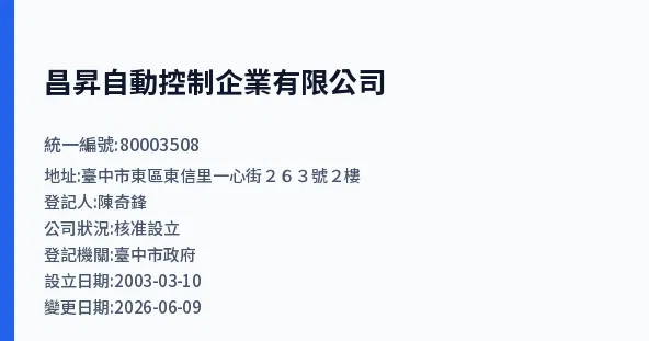 昌昇自動控制企業有限公司的照片-統編 80003508(臺中市) 公司登記資料與營業項目詳細圖表