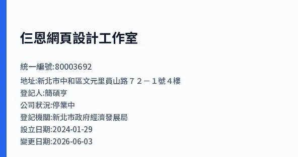 仨恩網頁設計工作室的照片-統編 80003692(新北市) 公司登記資料與營業項目詳細圖表