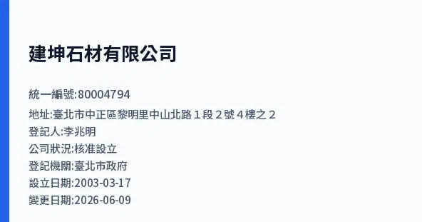 建坤石材有限公司的照片-統編 80004794(臺北市) 公司登記資料與營業項目詳細圖表