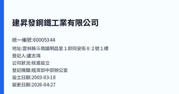 建昇發鋼鐵工業有限公司的照片-統編 80005344(雲林縣) 公司登記資料與營業項目詳細圖表