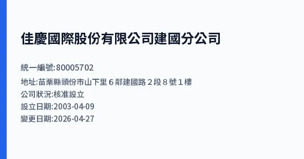 佳慶國際股份有限公司建國分公司的照片-統編 80005702(苗栗縣) 公司登記資料與營業項目詳細圖表