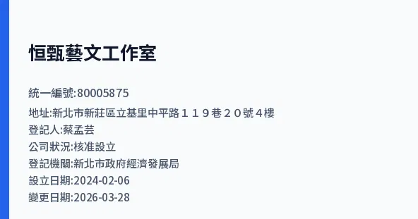 恒甄藝文工作室的照片-統編 80005875(新北市) 公司登記資料與營業項目詳細圖表