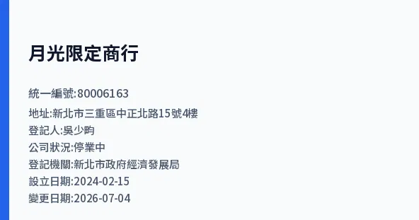 月光限定商行的照片-統編 80006163(新北市) 公司登記資料與營業項目詳細圖表