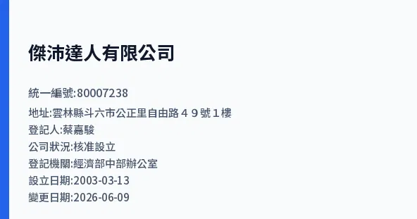 傑沛達人有限公司的照片-統編 80007238(雲林縣) 公司登記資料與營業項目詳細圖表